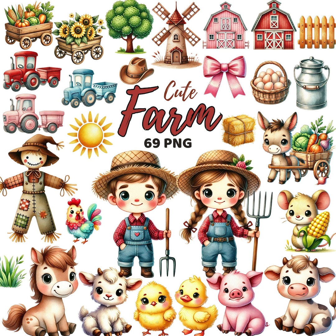 Cute Farm Clipart, Watercolor Farmer Kids Animals Tractor Barn, Rustic ...