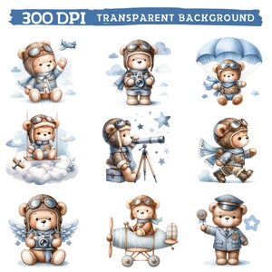Watercolor Cute Aviator Bear Clipart, Boy Nursery Aircraft Helicopter ...