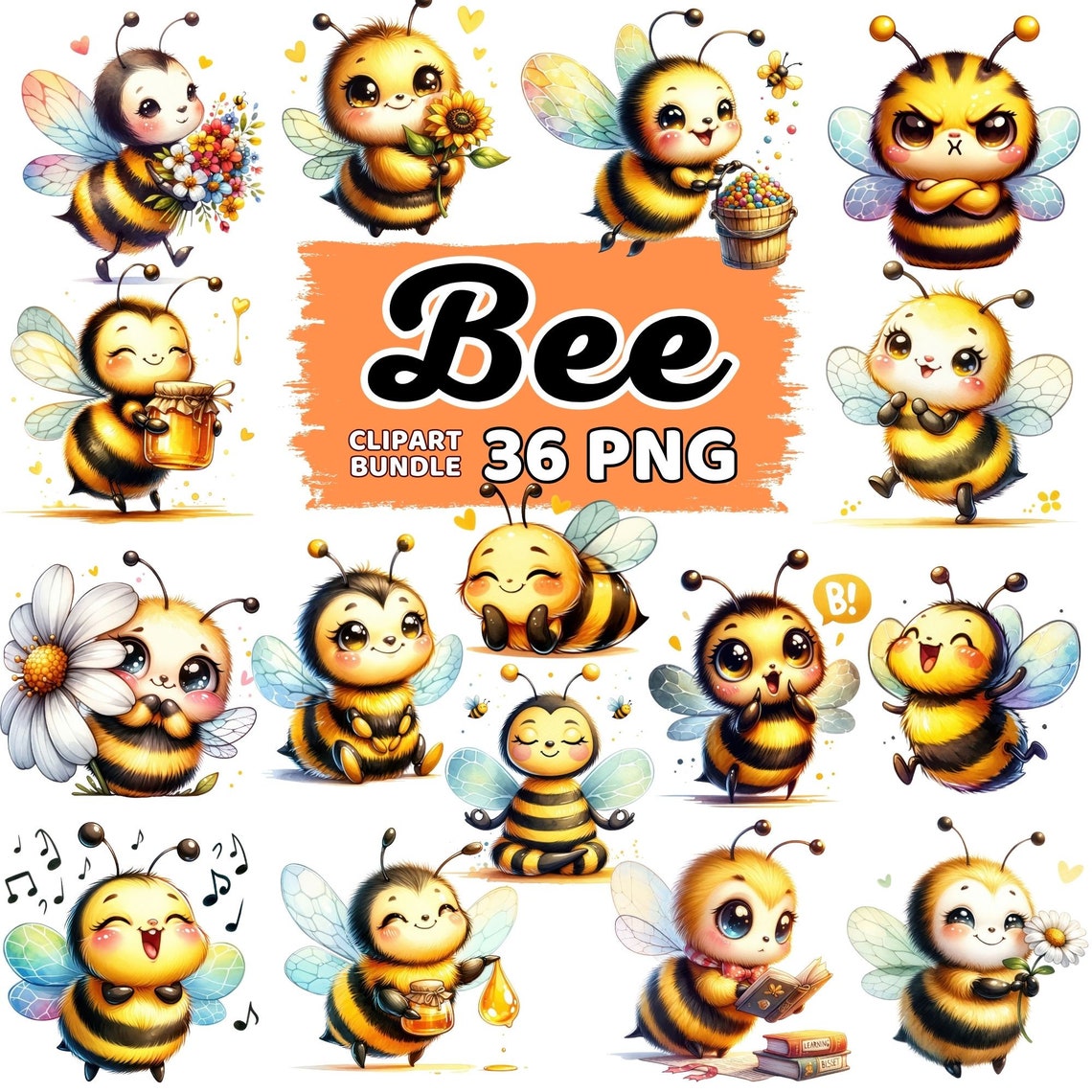 Watercolor Cute Bees Valentine Clipart Png, Summer Bee Nursery ...