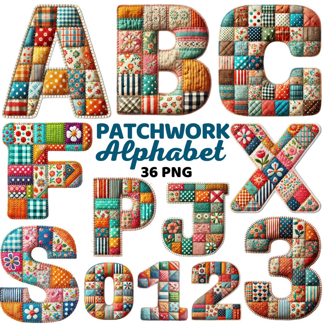Patchwork Alphabet Clipart, Quilted Letters and Numbers, Sewing Font ...