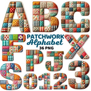 Patchwork Alphabet Clipart, Quilted Letters and Numbers, Sewing Font ...