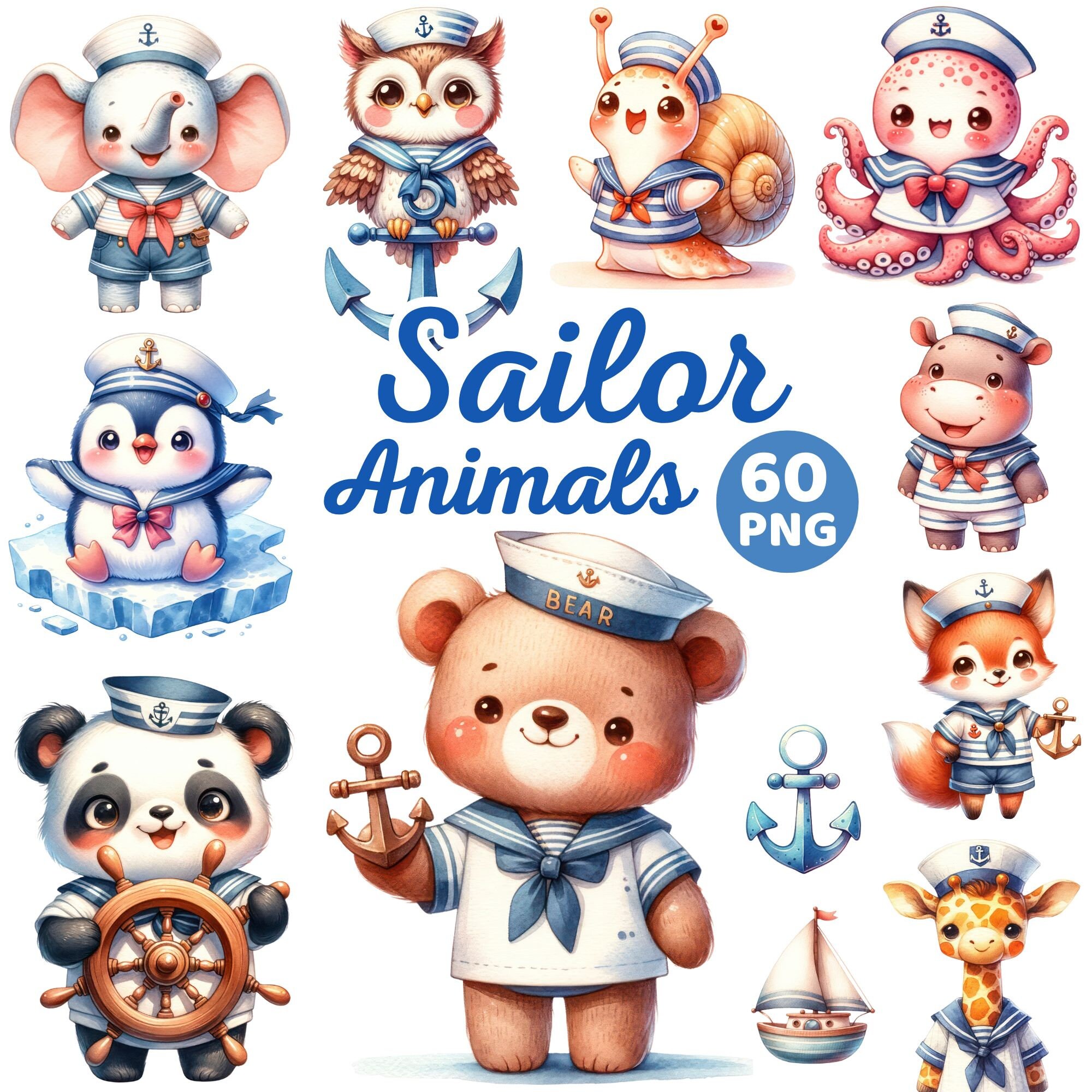 Watercolor Cute Sailor Animals Clipart, Sailor Baby Animal Nursery ...