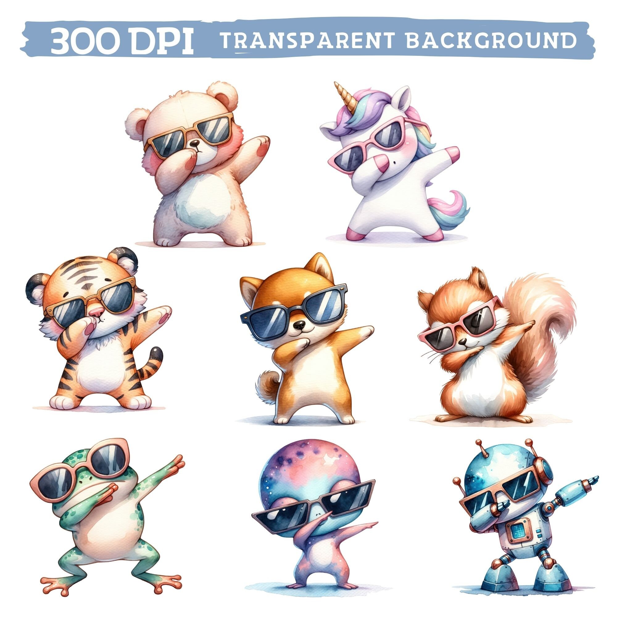 Watercolor Cute Dabbing Animals Clipart, Dabbing Unicorn, T-rex, Dog ...