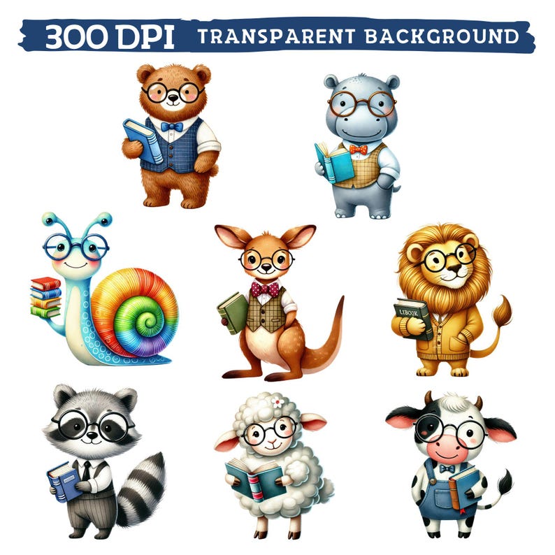 Librarian Animals Clipart, Watercolor Cute Bookish Animal for Teachers ...