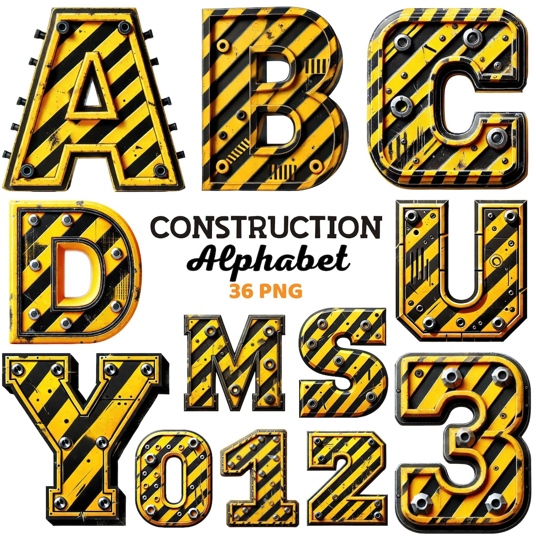 Construction Alphabet Clipart, Yellow Black Industrial Letters Number ...