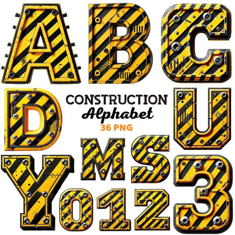 Construction Alphabet Clipart, Yellow Black Industrial Letters Number ...