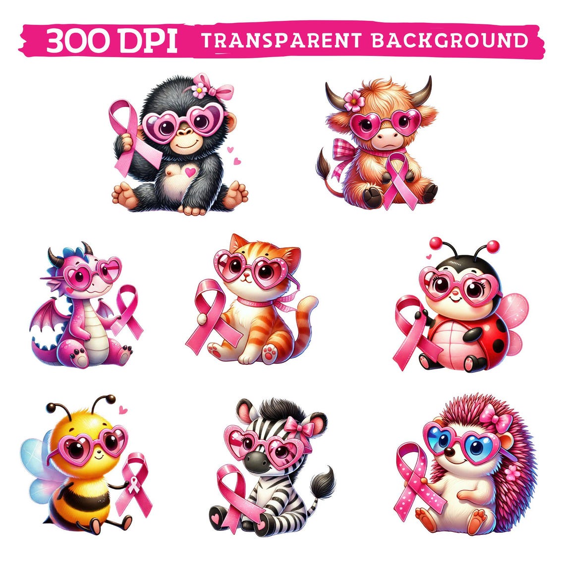 Cute Breast Cancer Awareness Animals Clipart, Watercolor Pink Ribbon ...