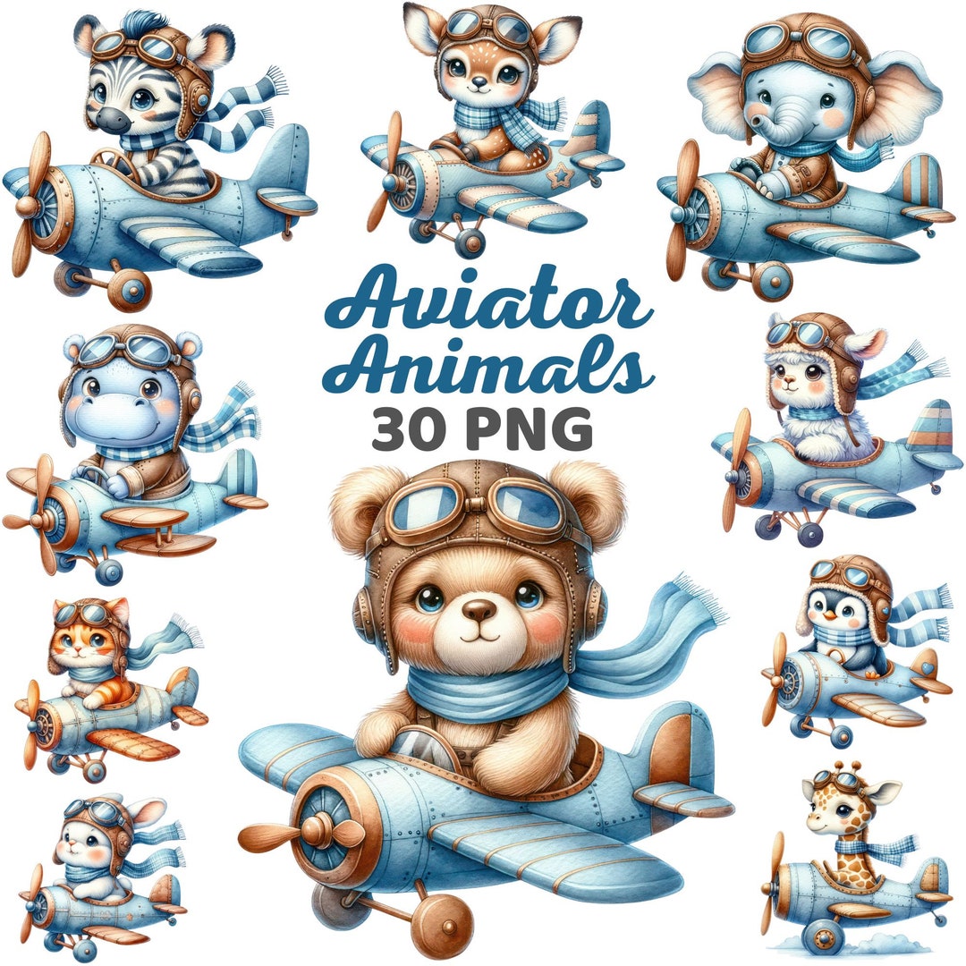 Watercolor Cute Aviator Animals Clipart, Aviator Baby Animal Nursery ...