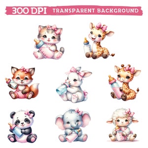 Cute Baby Animals With Baby Bottle Clipart, Watercolor Pink Baby Animal ...