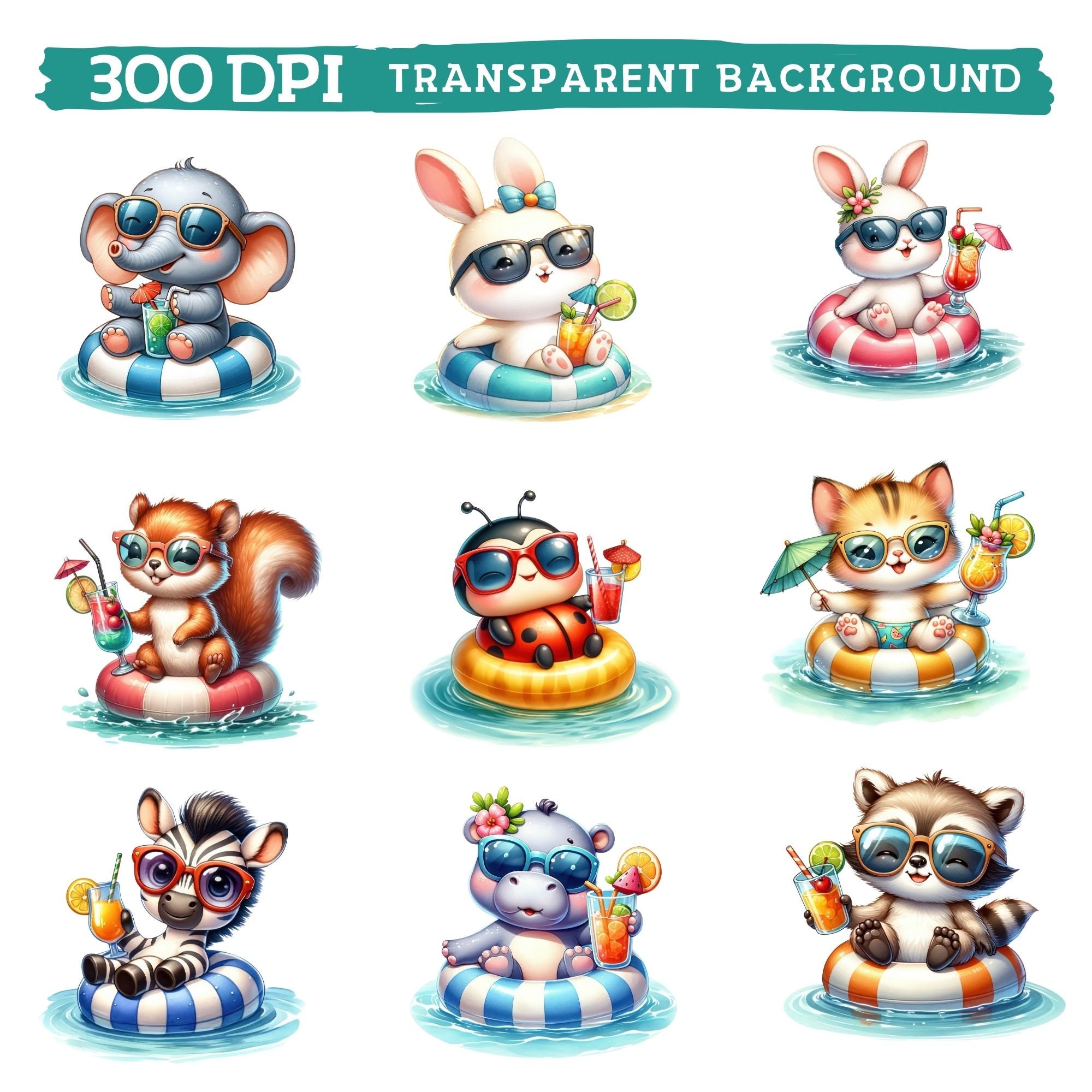 Cute Animals on Float Clipart, Watercolor Pool Nursery, Tropical Vibes ...