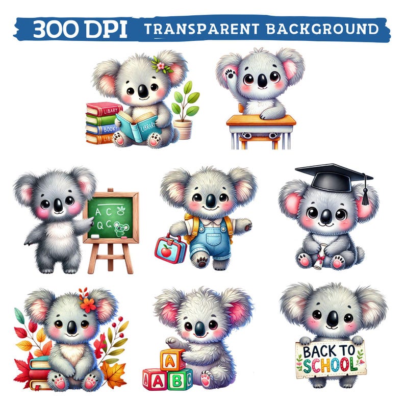 Koala Back to School Clipart, Watercolor Cute School Animal, Teacher ...