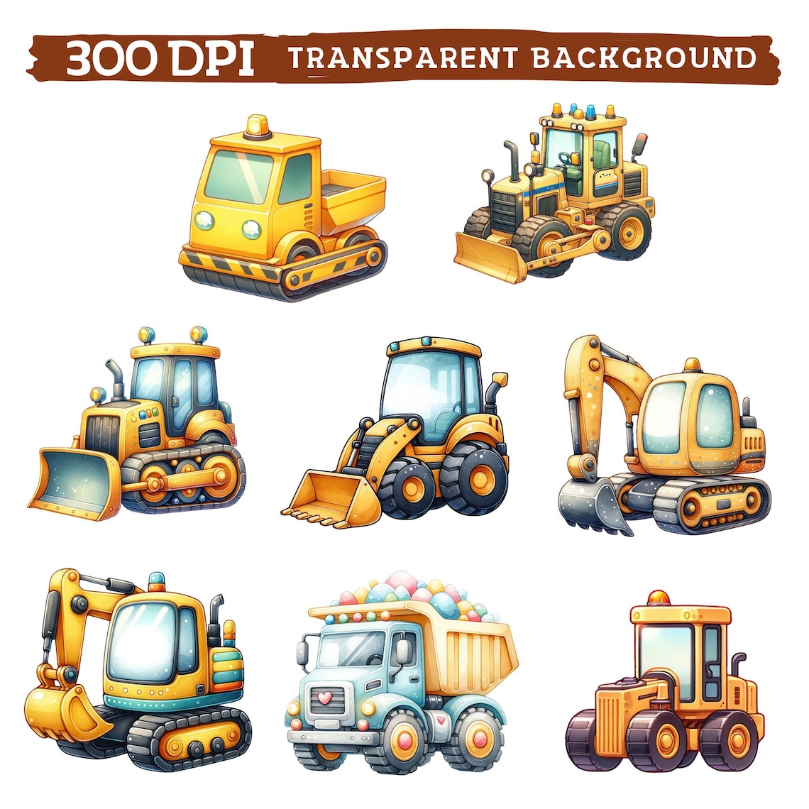 Construction Vehicles Clipart, Watercolor Cute Construction Trucks ...