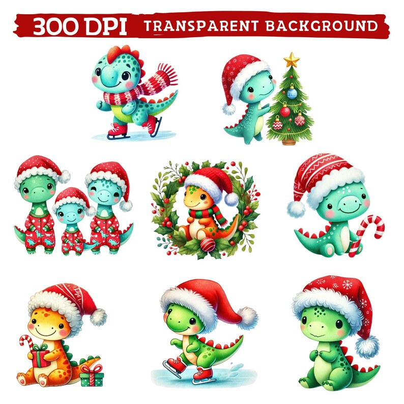 Christmas Dinosaur Clipart, Watercolor Cute Holiday Dino, Nursery Decor ...