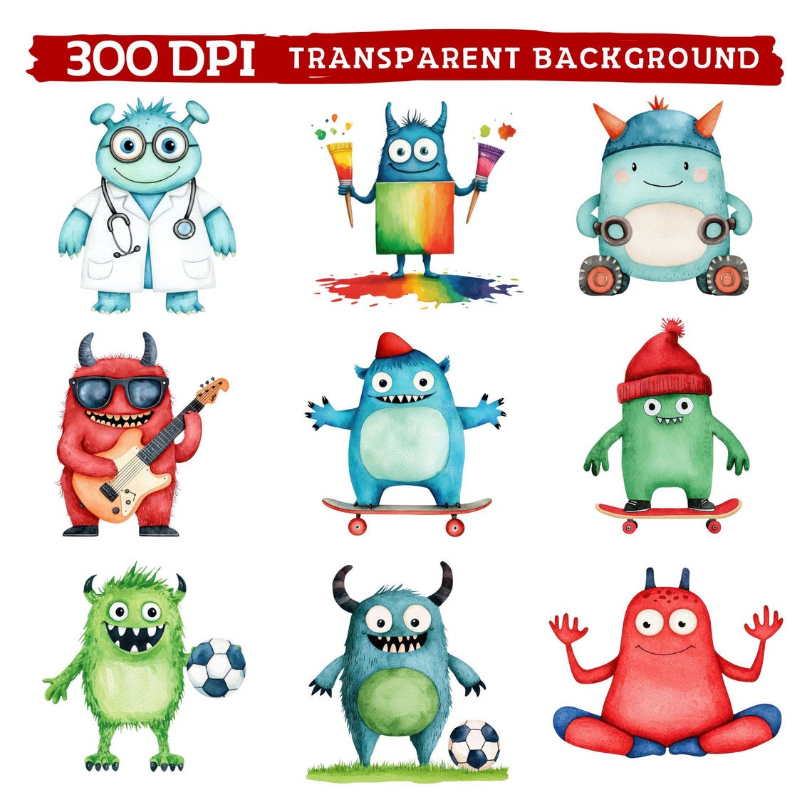 Cute Monster Clipart, Fantasy Creatures, Children Spooky, Watercolor ...
