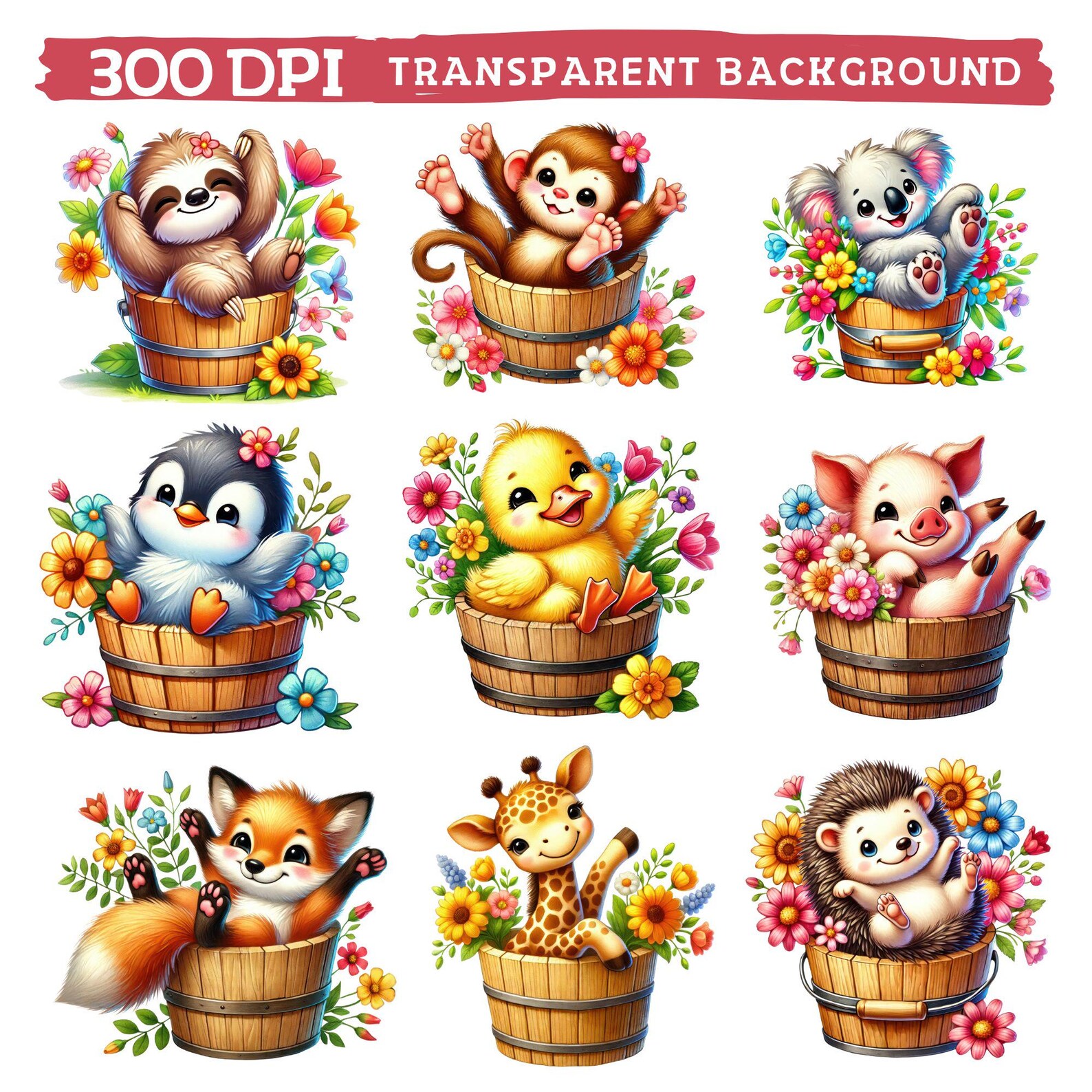 Cute Animals in Bucket Clipart, Watercolor Woodland Jungle Baby Animal ...