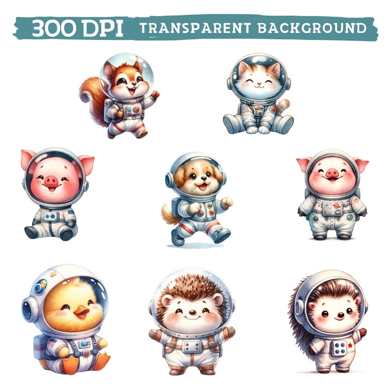Cute Astronaut Animals Clipart, Watercolor Baby Animal Nursery, Fantasy ...