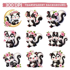 Cute Skunk Clipart, Watercolor Sweet Baby Skunks With Florals Sleep on ...