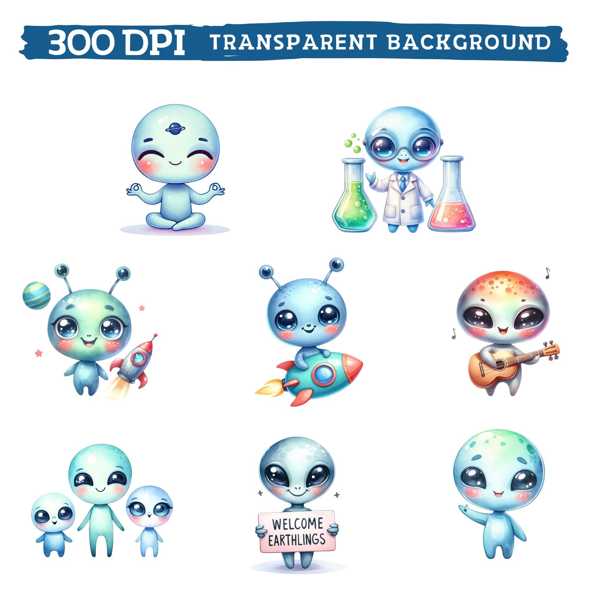 Cute Alien Clipart, Watercolor Adorable Alien, Sci-fi Nursery Decor ...