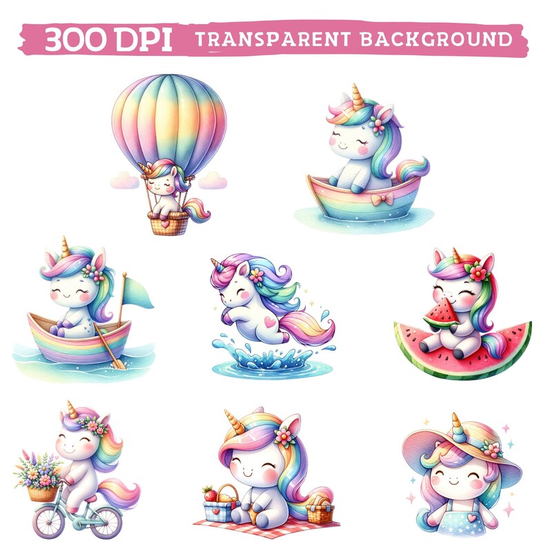 Watercolor Cute Unicorn Clipart, Summer Beach Rainbow Unicorn Girl ...