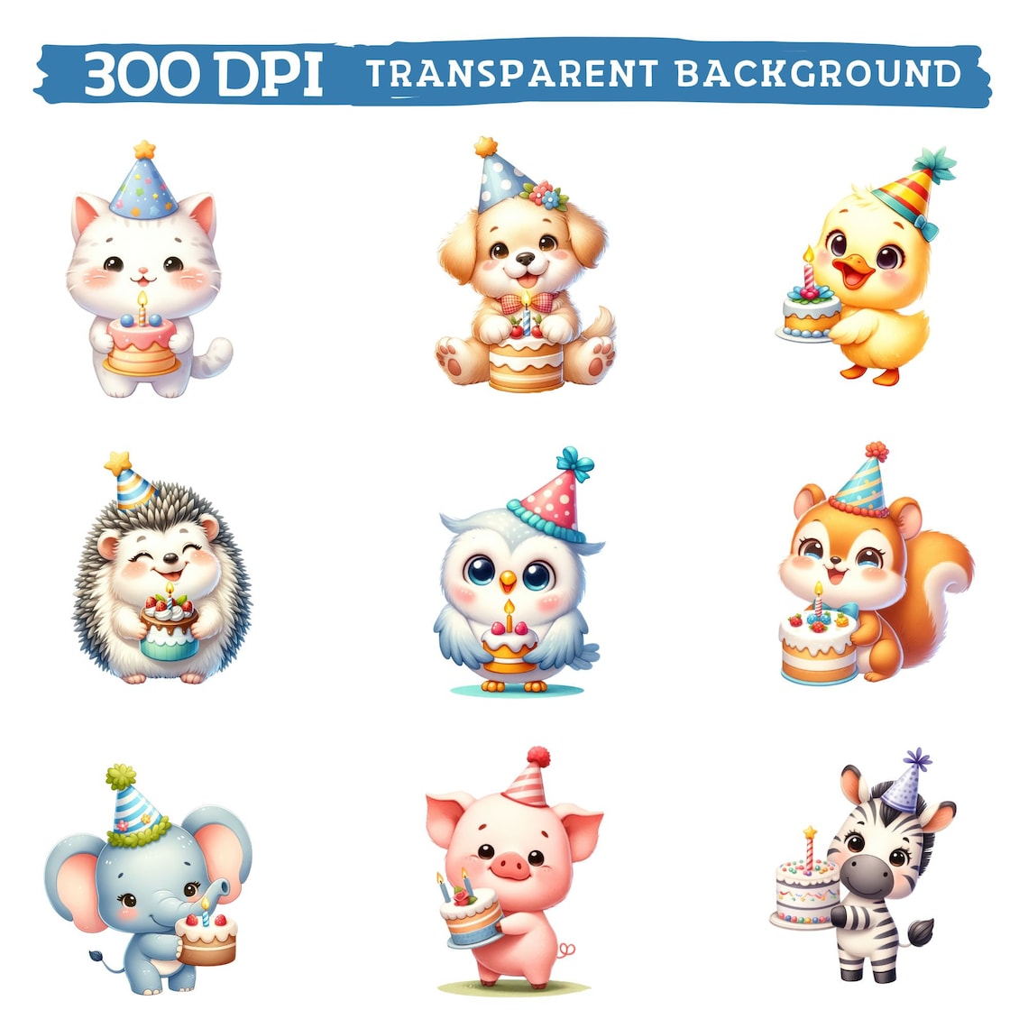 Birthday Animals Clipart, Watercolor Cute Animal Party Nursery ...