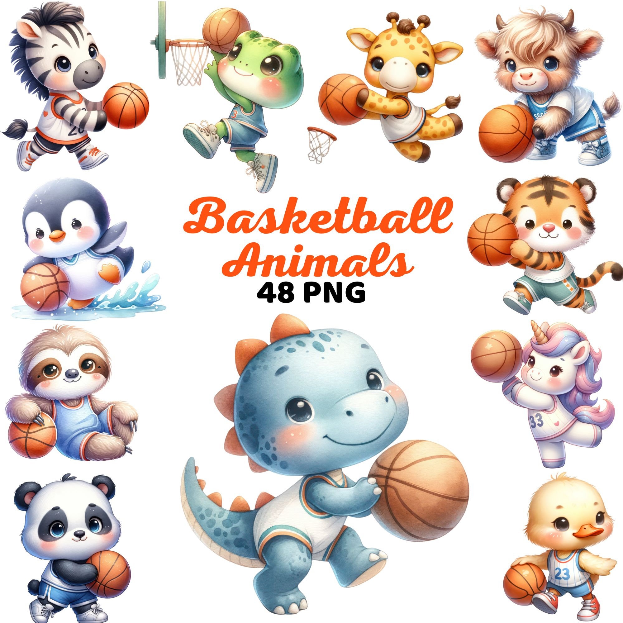 Basketball Animals Clipart, Watercolor Cute Cartoon Sports Nursery ...