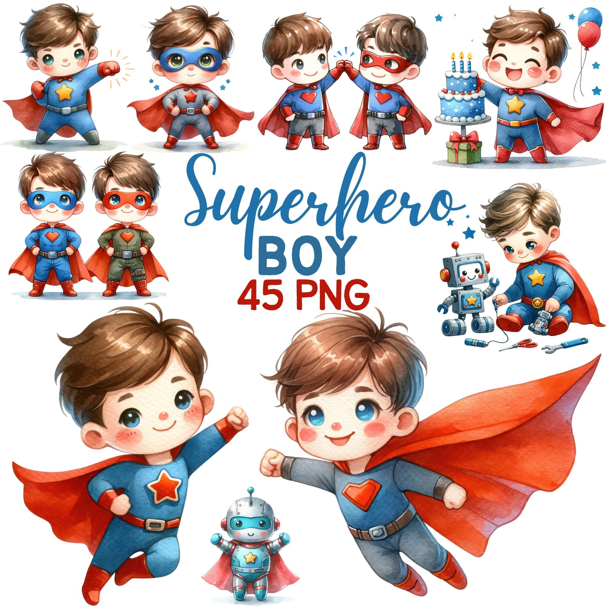 Watercolor Cute Superhero Boy Clipart, Superheroes Nursery Decor ...