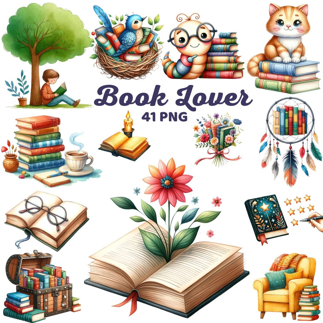 Book Lover Clipart, Watercolor Reading and Book Theme Illustration ...