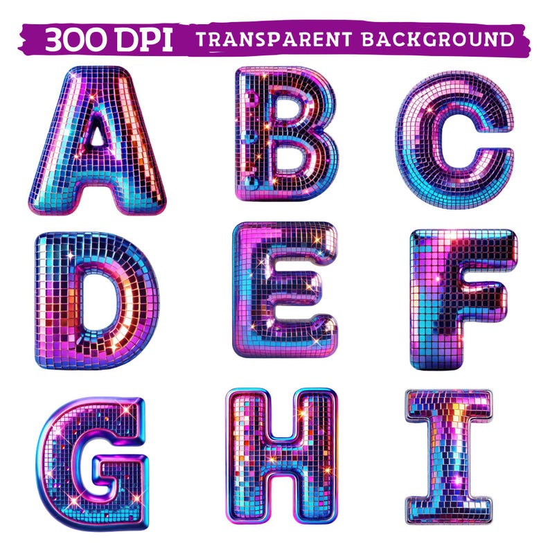 Retro Disco Alphabet Clipart, Shiny Mirror Ball Letters & Numbers ...