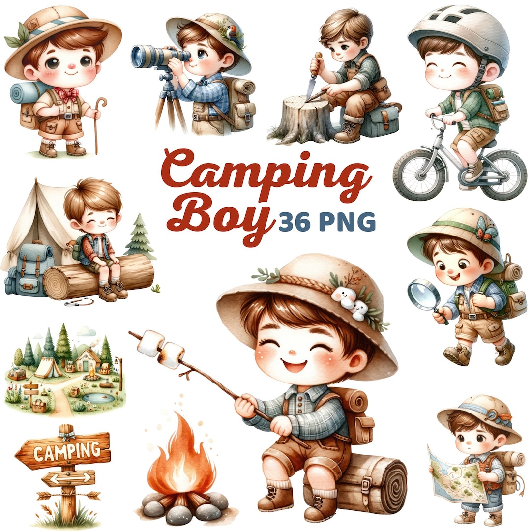 Adorable Camping Boy Clipart Collection, Watercolor Cute Camper Nursery ...