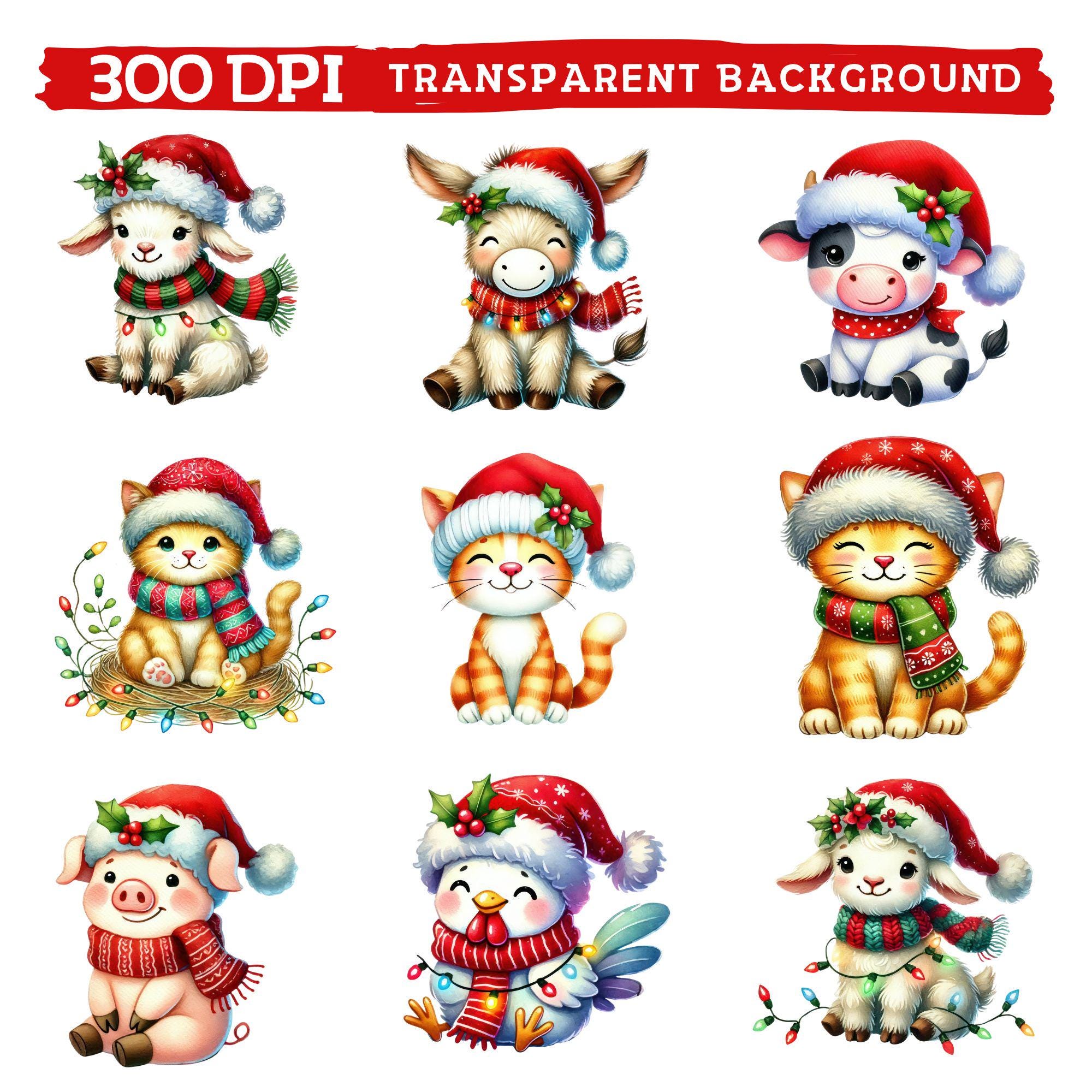 Christmas Farm Clipart, Watercolor Cozy Christmas Farm Animals, Holiday ...