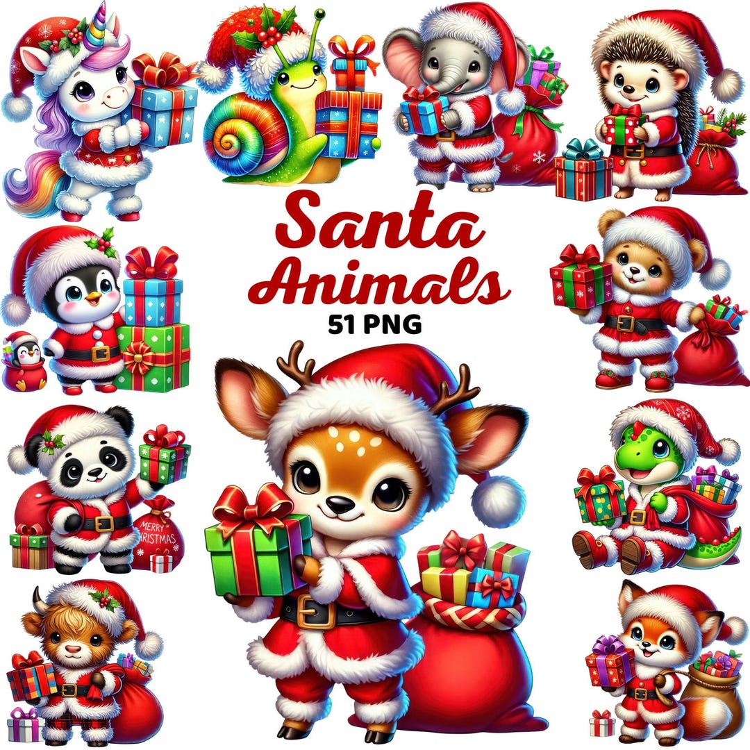 Cute Santa Animals Clipart, Watercolor Festive Nursery Decor, Winter ...