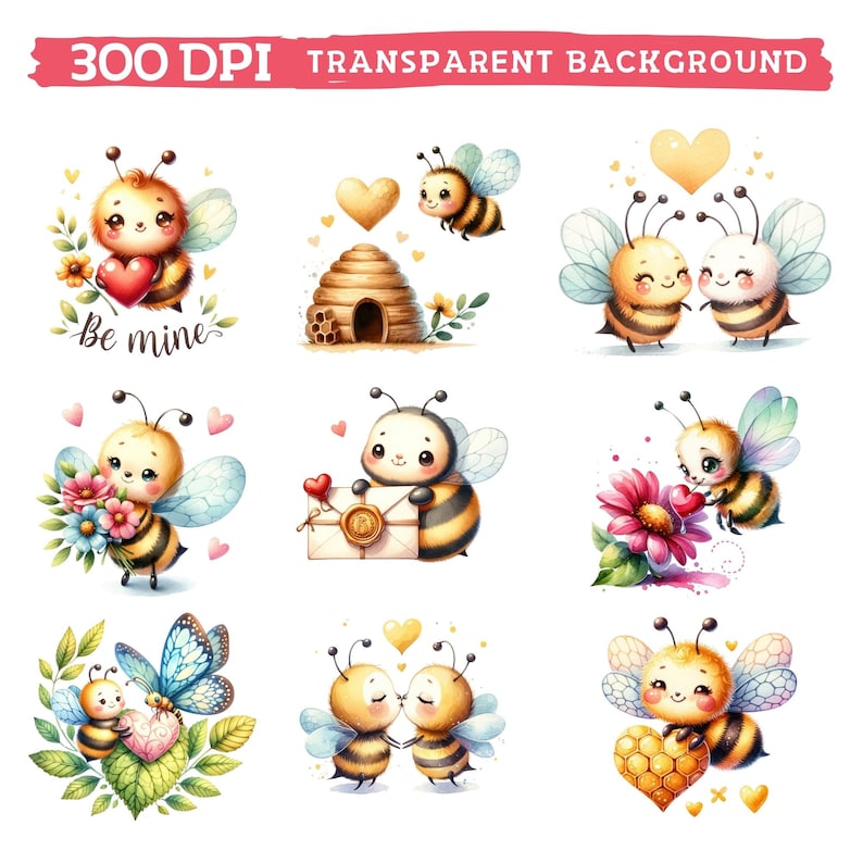Watercolor Bees Valentine Clipart Png, Bees Valentine, Love Bee Clipart ...