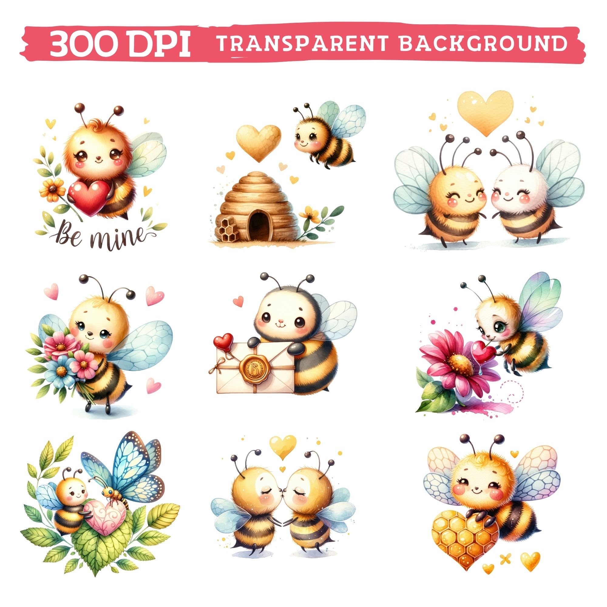 Watercolor Bees Valentine Clipart Png, Bees Valentine, Love Bee Clipart ...