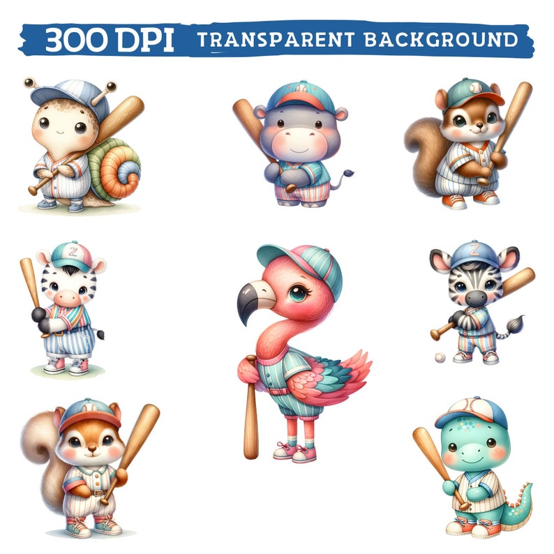 Baseball Animals Clipart, Watercolor Cute Cartoon Sports Nursery ...