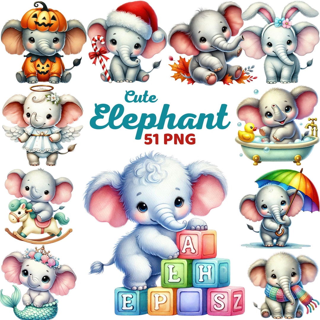 Cute Elephant Clipart, Watercolor Safari Jungle Baby Animal Nursery ...