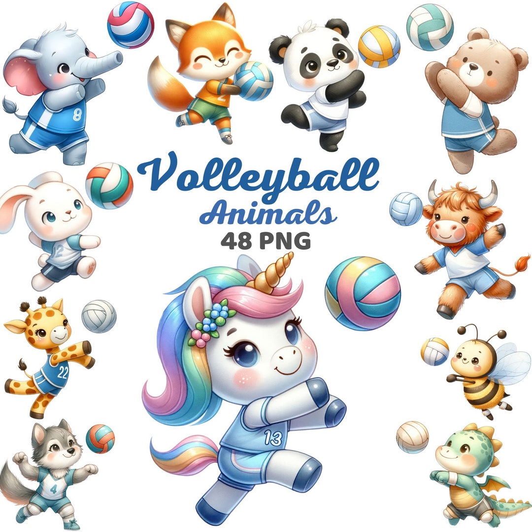 Volleyball Animals Clipart, Watercolor Cute Cartoon Sports Nursery ...