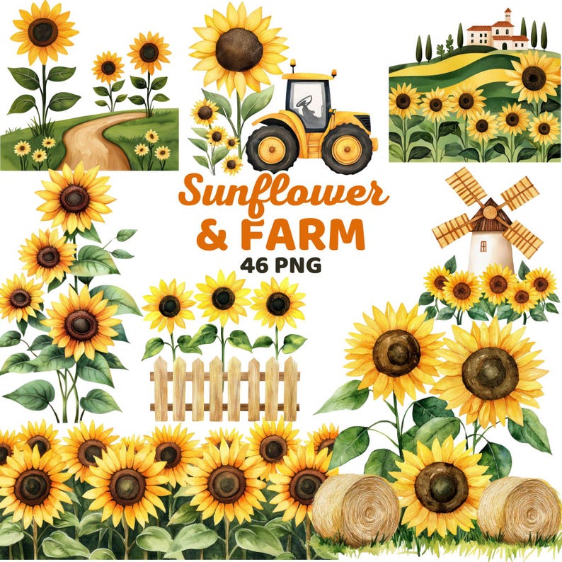 Sunflower & Farm Clipart, Watercolor Rustic Country Tractor Field ...