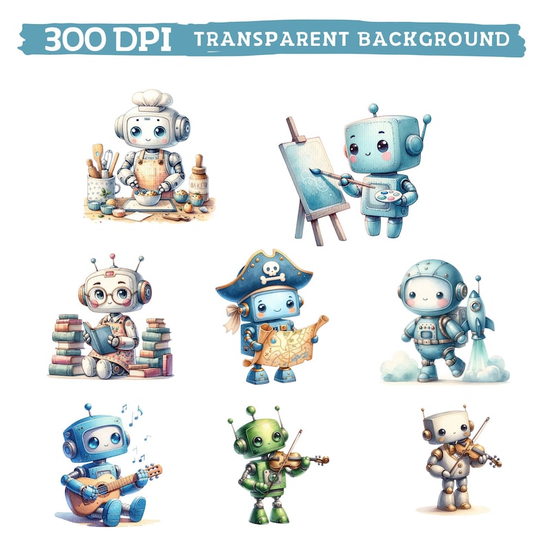 Cute Robot Clipart, Watercolor Whimsical Bot Illustrations Nursery ...