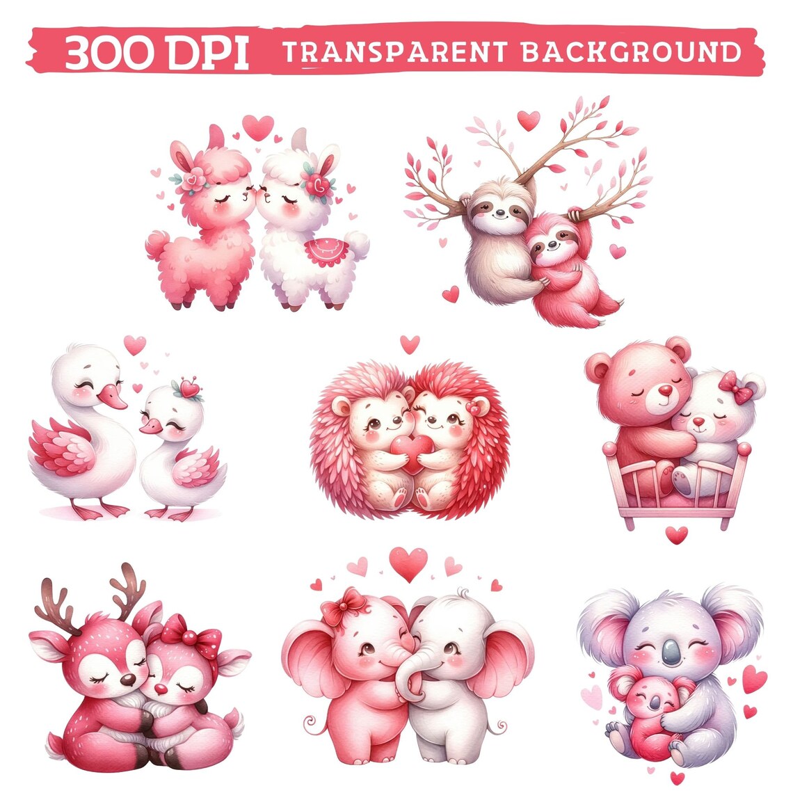 Watercolor Cute Couple Animals Clipart, Pink Romantic Baby Animal ...