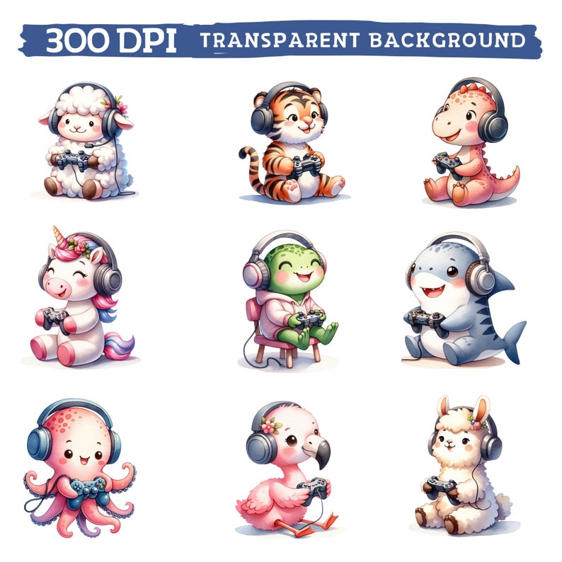 Watercolor Cute Gamer Animals Clipart, Gaming Animal Nursery, Dinosaur ...