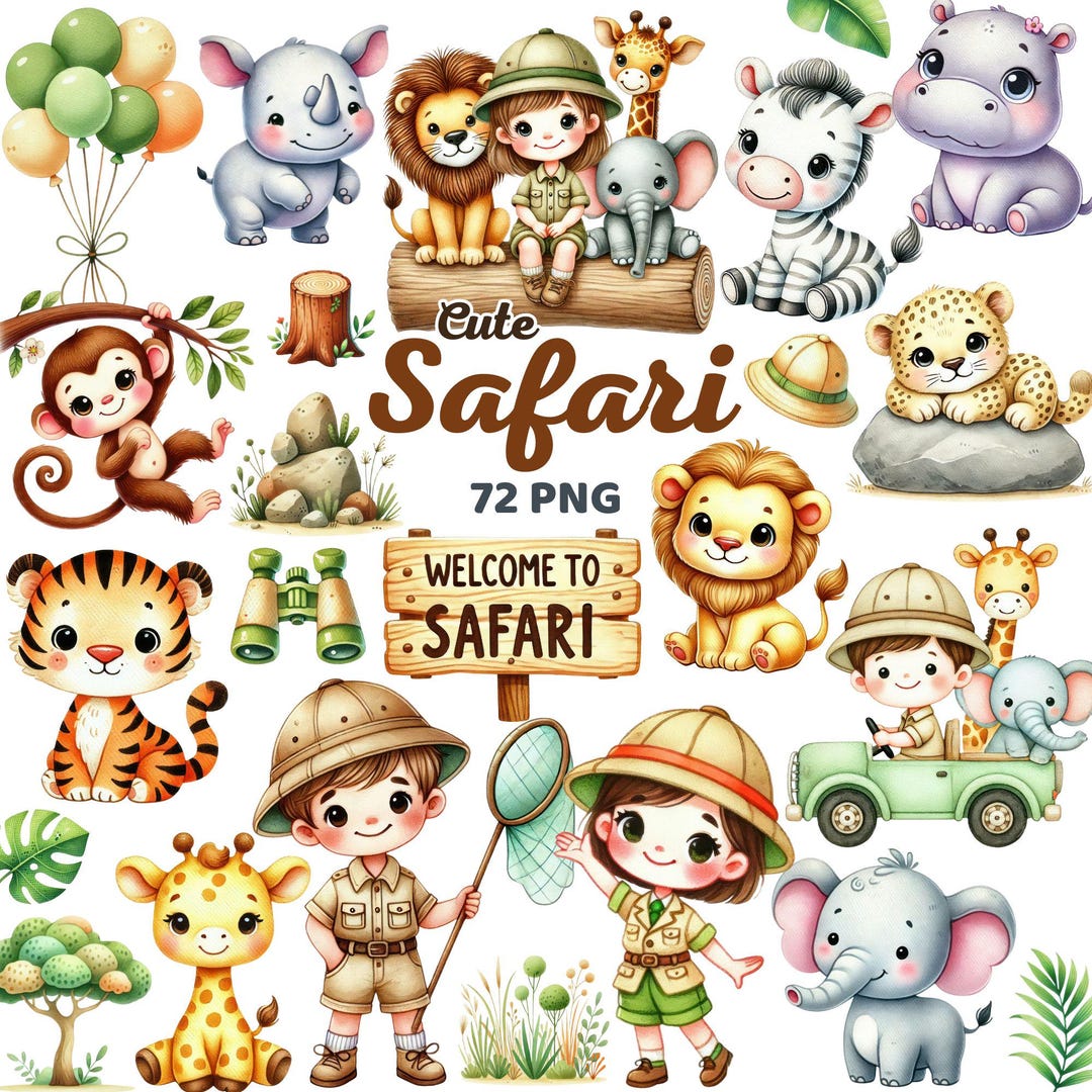 Cute Safari Animals Clipart, Watercolor Jungle Kids Party Baby Shower ...