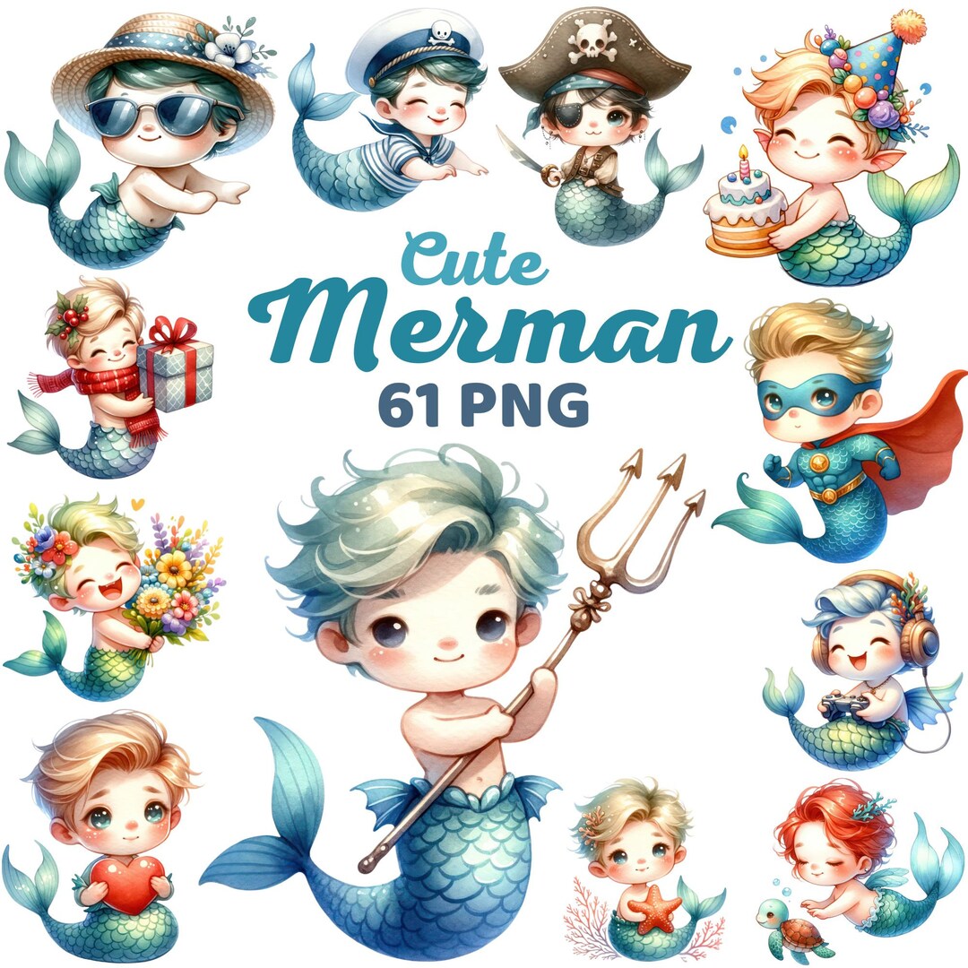 Adorable Merman Clipart Bundle, Watercolor Kid-friendly Mermaid Nursery ...