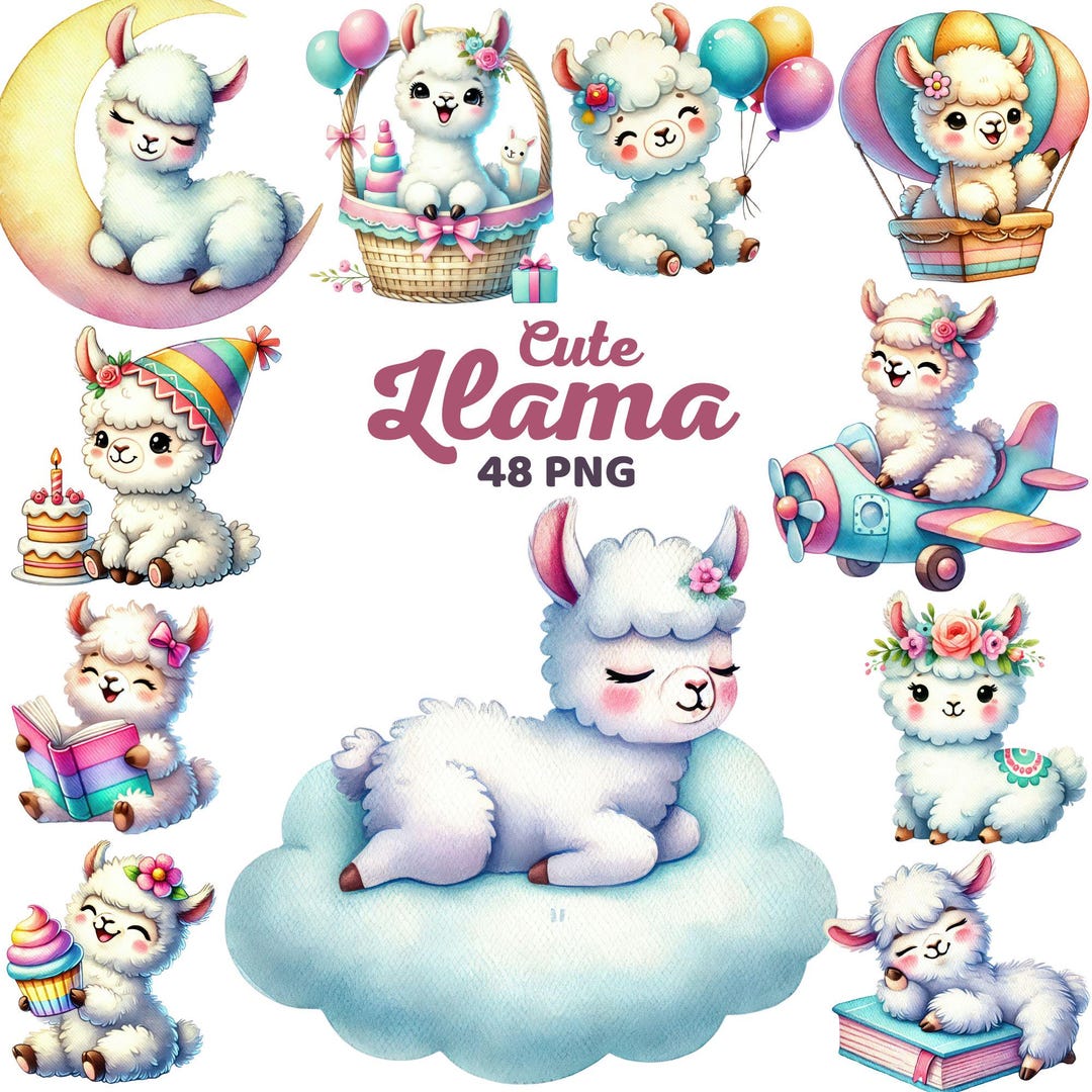 Cute Llama Clipart, Watercolor Pastel Llama Sleep on Cloud Moon ...