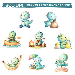 Watercolor Cute Dinosaur Clipart, Summer Beach Dinosaurs Nursery ...