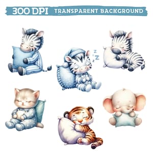 Watercolor Cute Sleepy Animals Clipart, Pajamas Sleeping Baby Animal ...