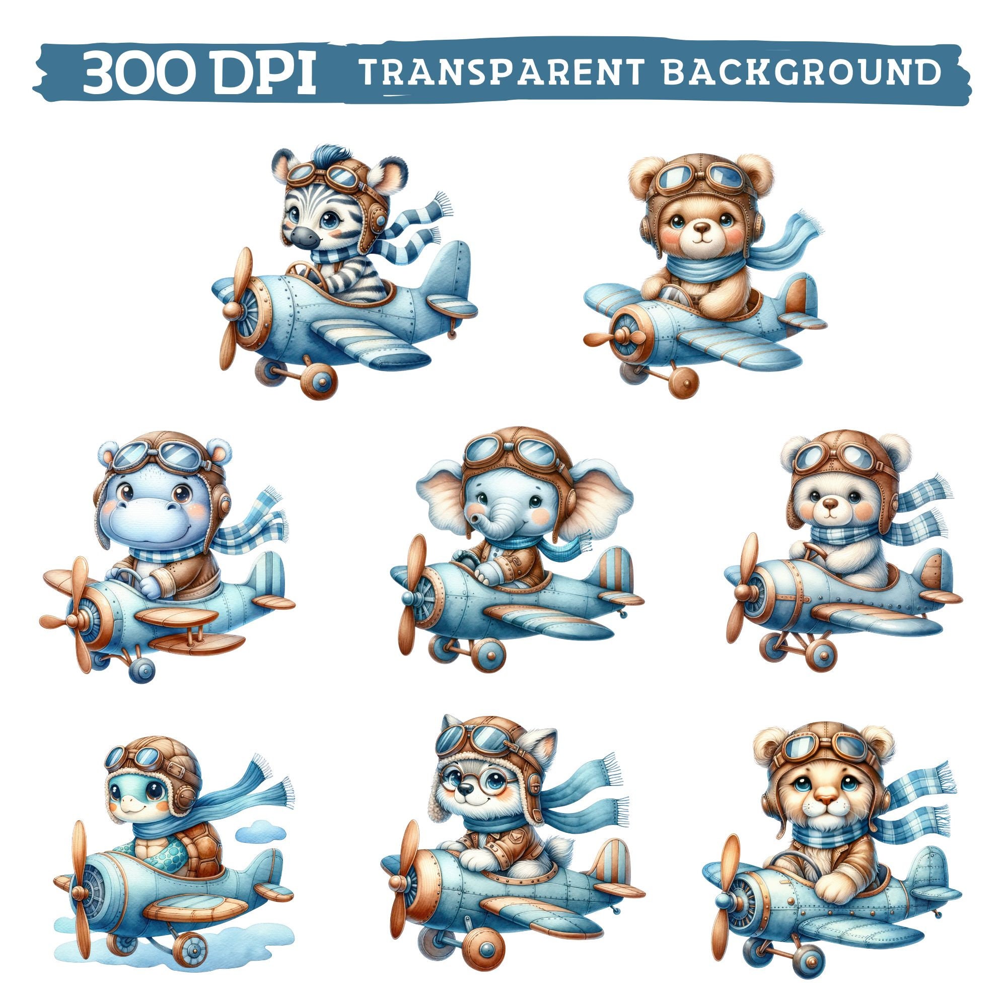 Watercolor Cute Aviator Animals Clipart, Aviator Baby Animal Nursery ...