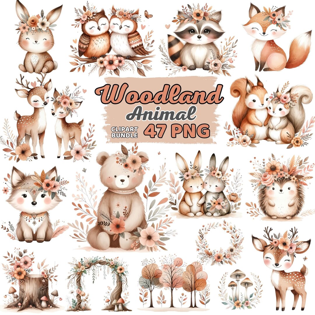 Watercolor Boho Woodland Animals Clipart, Animal Nursery Sublimation ...