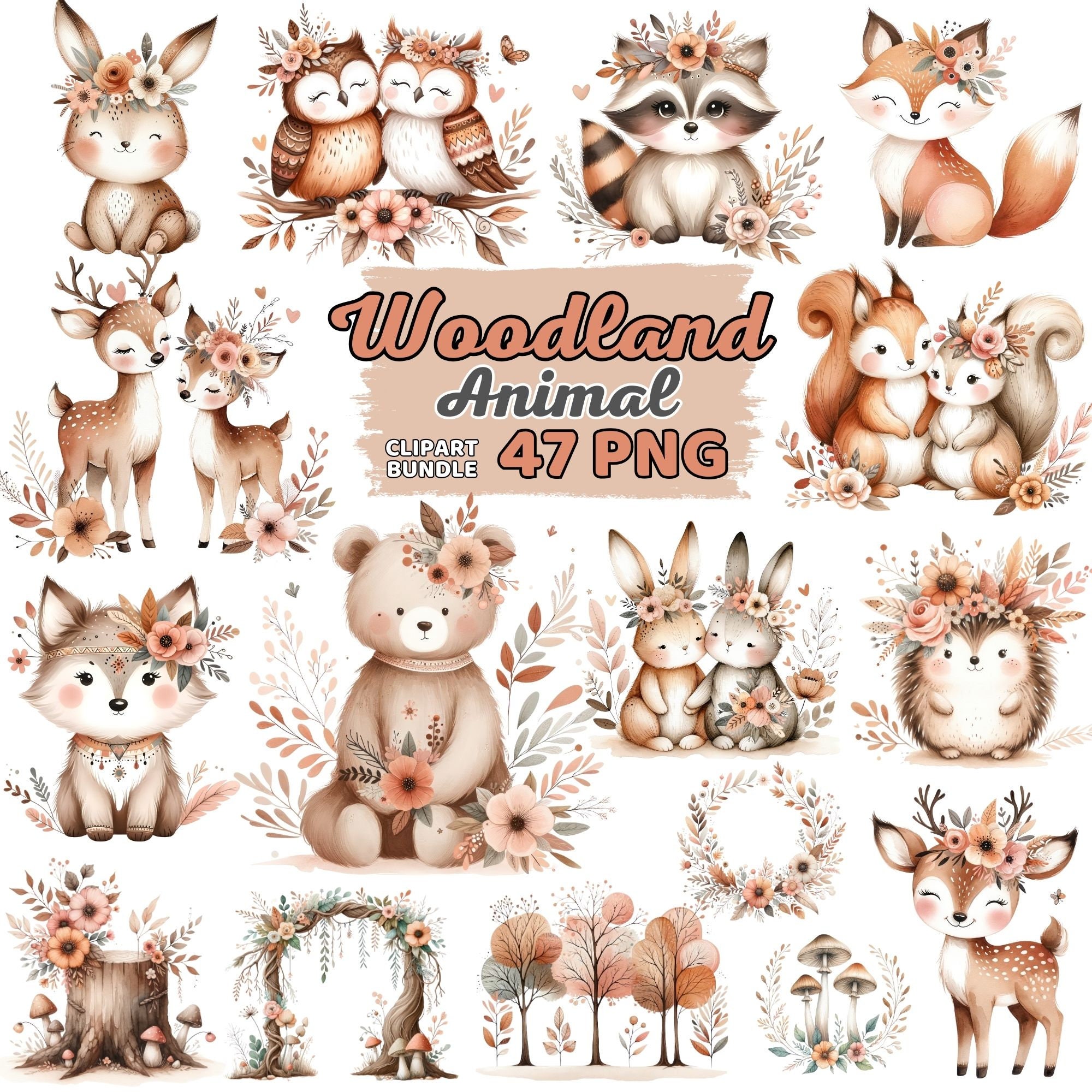 Watercolor Boho Woodland Animals Clipart, Animal Nursery Sublimation ...