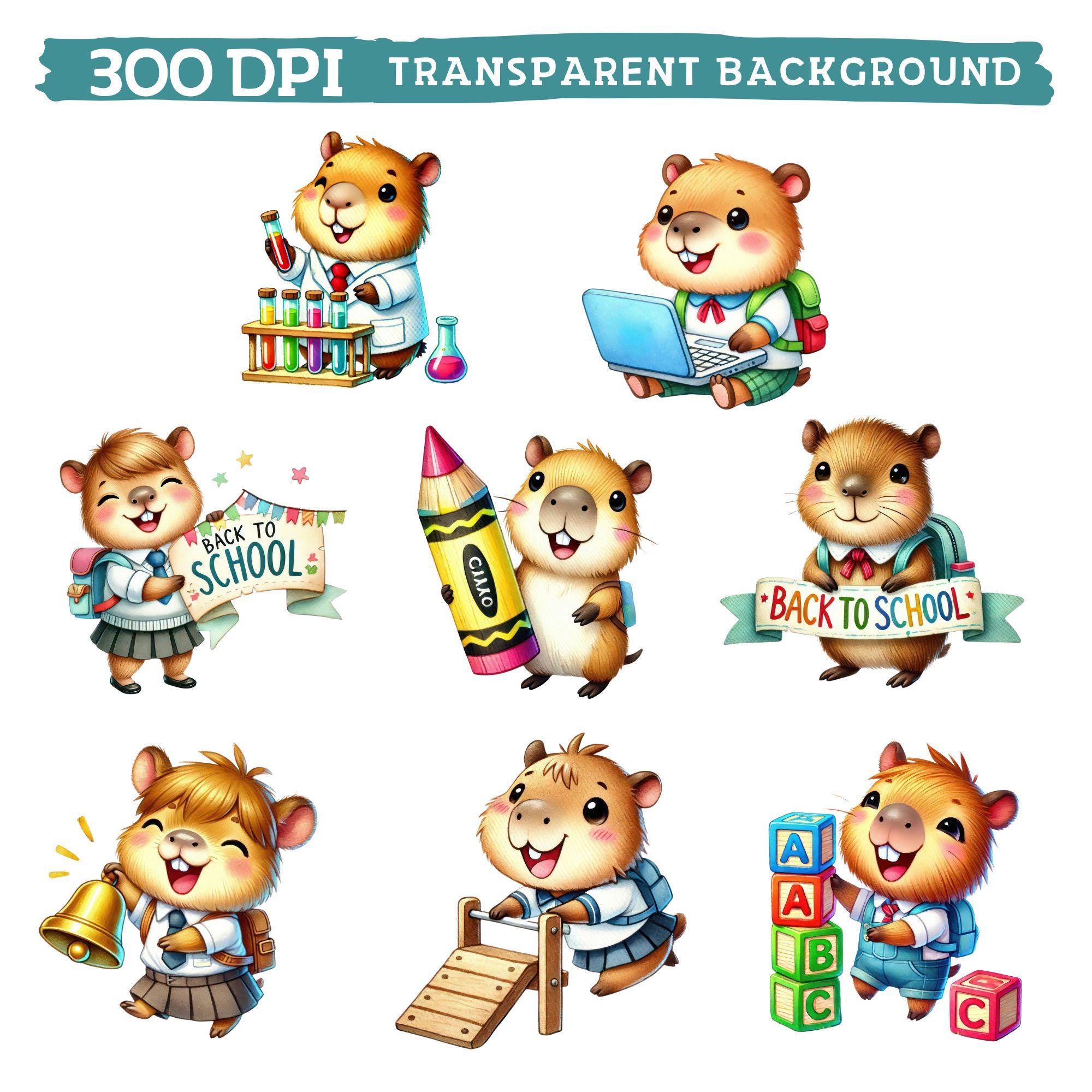 Back to School Capybara Clipart, Watercolor Cute Classroom Nursery ...