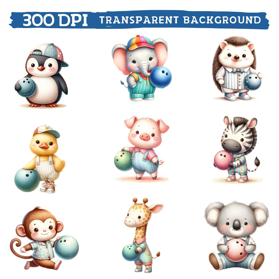 Cute Bowling Animals Clipart, Watercolor Cute Cartoon Bowler Nursery ...